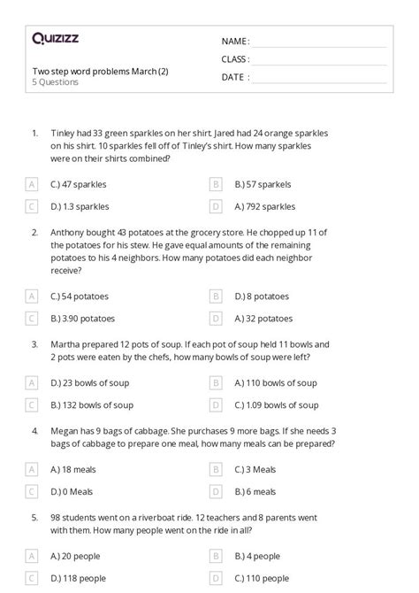 Two Step Word Problems Worksheets For Th Grade On Quizizz Free Printable
