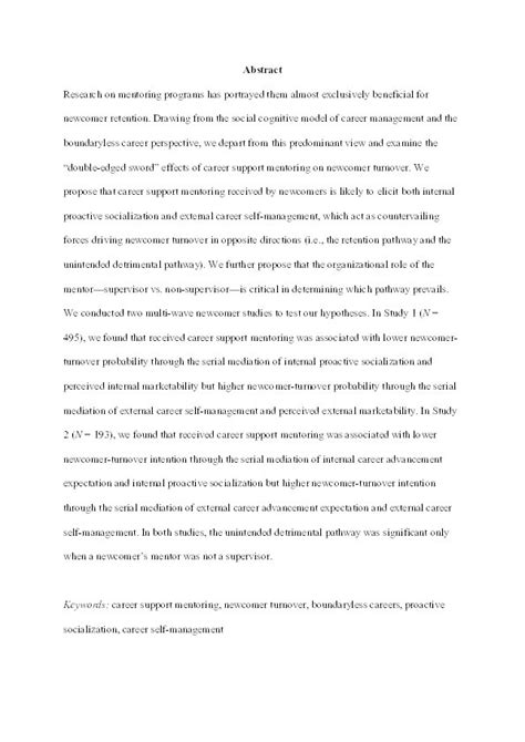 The Double Edged Sword Effects Of Career Support Mentoring On Newcomer Turnover How And When