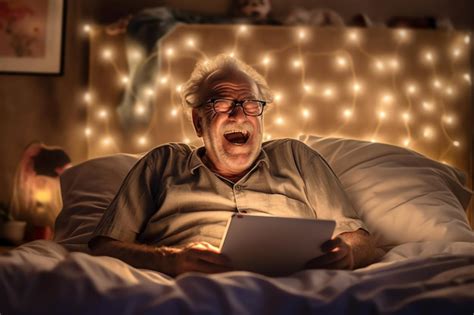 Premium AI Image An Older Man Is Reading A Tablet In Bed With A String Of Lights Hanging Above