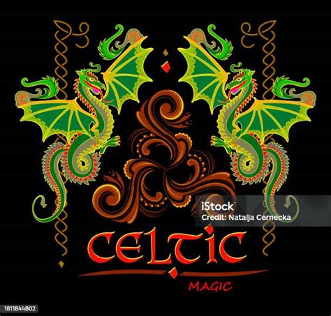 켈트 용과 Triskele 디스크 기호의 판타지 그림입니다 브르타뉴 민속 민족 기호입니다 로고 아이콘 패브릭 자수 장식에 대한