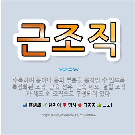 🌟근조직 수축하여 몸이나 몸의 부분을 움직일 수 있도록 특성화된 조직 근육 섬유 근육 세포 결합 조 표준국어대사전