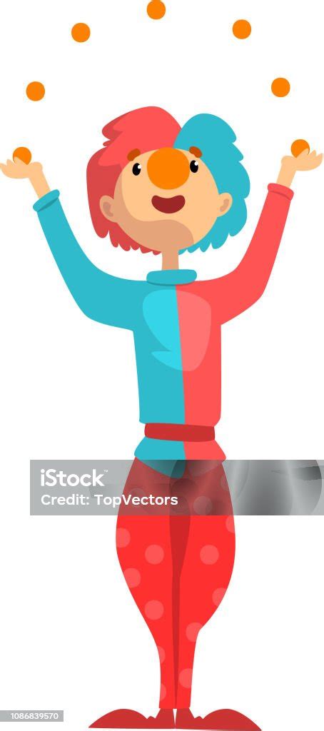 재미 있는 광대 만화 캐릭터와 함께 화려한 저글링 카니발 파티 또는 서커스 성능 벡터 일러스트는 흰색 바탕에 공연자에 대한 스톡 벡터 아트 및 기타 이미지 Istock