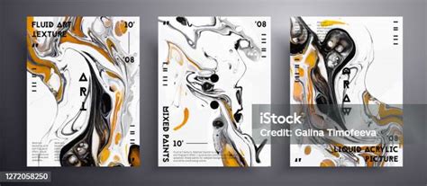 추상 아크릴 배너 유체 아트 벡터 텍스처 세트 디자인 커버 포스터 브로셔 등에 적용할 수 있는 트렌디한 배경 황금 흑백 특이한