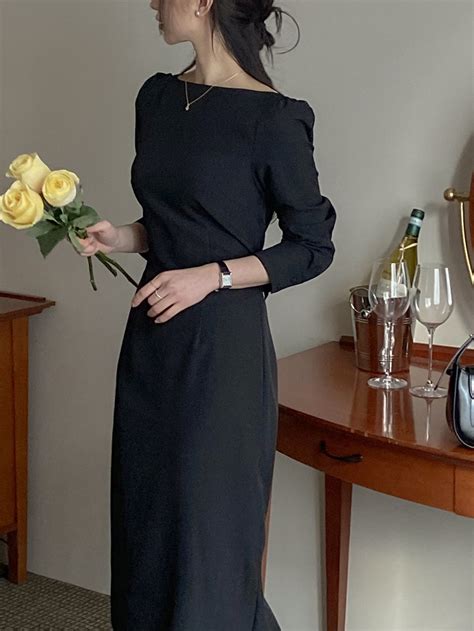 루엣 💐자체제작블랙롱원피스 Made 모어엣 No6 하객룩 입술넥 긴팔 원피스s L하객원피스