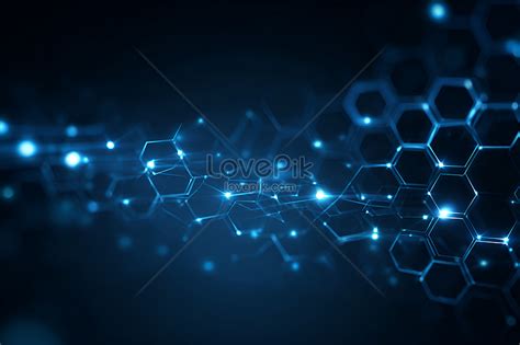 빛나는 연결 지점이있는 청색 육각형 기술 배경