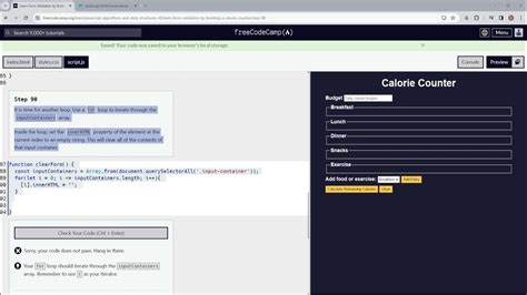 Javascript Calorie Counter Project Form Validation Dynamic Updates Steps 88 94