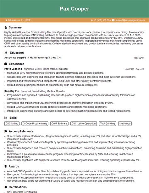Numerical Control Milling Machine Operator Resume Template Resumegemini Online Resume Builder