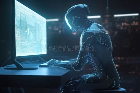 Ai Cyborg Android Robot Working With Laptop In Office Chat Gpt