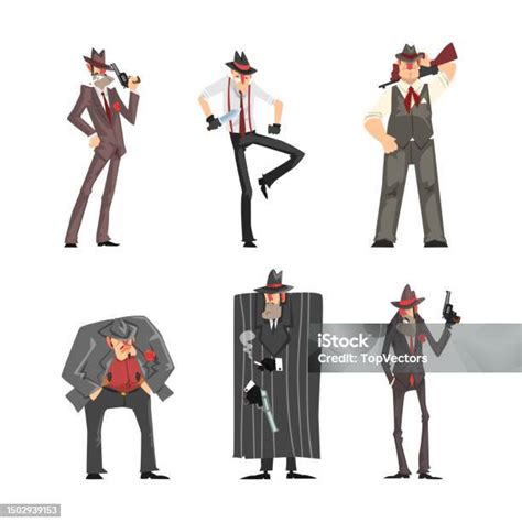 갱스터와 페도라 모자를 쓴 범죄자 캐릭터가 총과 권총 벡터 세트로 서 있다 개념에 대한 스톡 벡터 아트 및 기타 이미지 개념 개체 그룹 거친 Istock