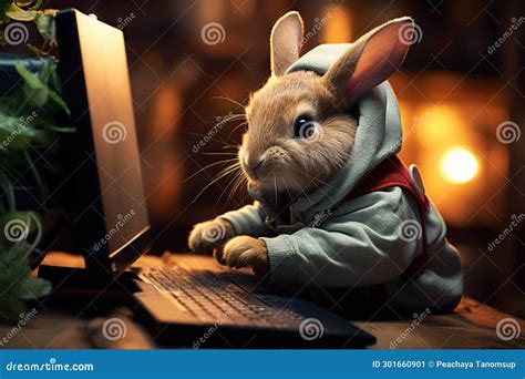 Programmer Bunny With Laptop Generative Ai Stock Illustration