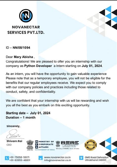 Mary Abisha On Linkedin Internship Letter Proud To Announce That I