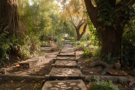 Tree Lined Path With Wooden Stepping Stones Leading To Hidden Treasure