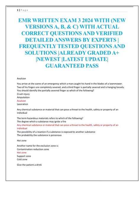 Emr Written Exam 3 2024 With New Versions A B And C With Actual Correct Questions And Verified