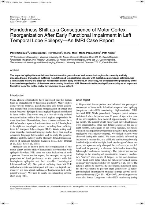Pdf Handedness Shift As A Consequence Of Motor Cortex Reorganization After Early Functional
