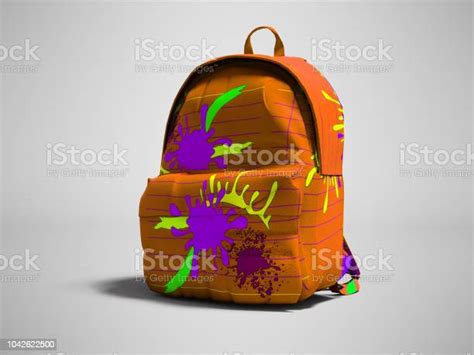 그림자와 회색 배경에 명소 바로 보기 3d 렌더링으로 오렌지 학교 가방 배낭 0명에 대한 스톡 사진 및 기타 이미지 0명 가방 교육 Istock