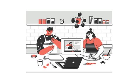 젊은 이들에게 어른들은 노트북이나 태블릿을 통해 집에서 음식을 준비합니다 부엌에서 시간을 보내고 요리 훈련 취미 수제 식사 준비 가정 생활에 대한 스톡 벡터 아트 및 기타