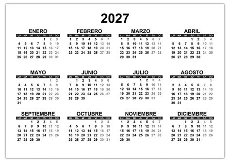 Calendario 2027 Para Imprimir En Pdf Y Word