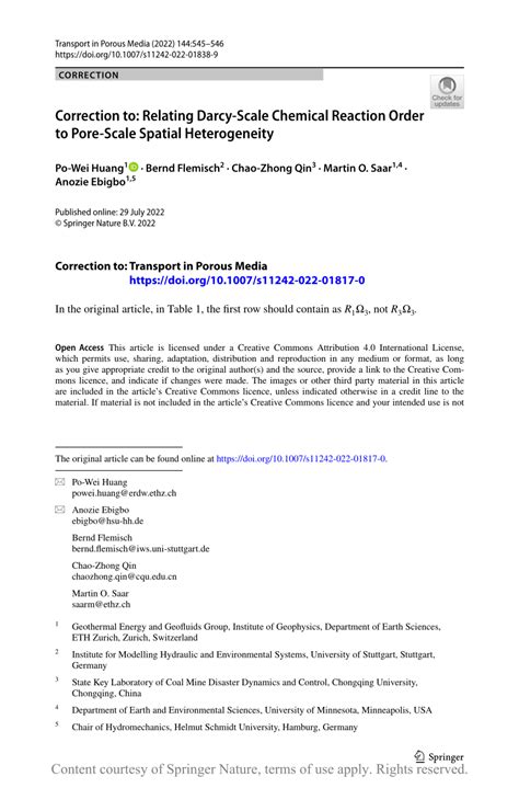 Pdf Correction To Relating Darcy Scale Chemical Reaction Order To Pore Scale Spatial