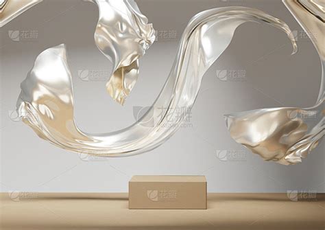 D背景讲台展示米色抽象金属金色布料飞扬飘浮自然裸体的产品展示底座化妆品美容潮流站Stu