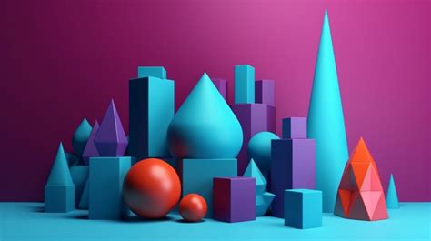 다채로운 3d 개체 및 다양한 모양의 디지털 3d 렌더링 파란색 배경에 3d 렌더링 기하학적 다채로운 모양 고화질 사진 사진