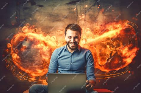 Premium Photo A Man Sits In Front Of A Laptop Surrounded By A Fiery Backdrop Hacking Into A