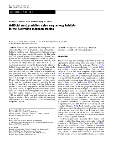 Pdf Artificial Nest Predation Rates Vary Among Habitats I The