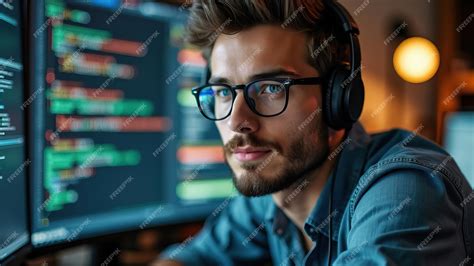 Programmer Working On Code With Multiple Monitors Wearing Glasses And