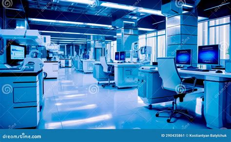 Room Filled With Lots Of Computer Monitors And Desks Covered In Blue