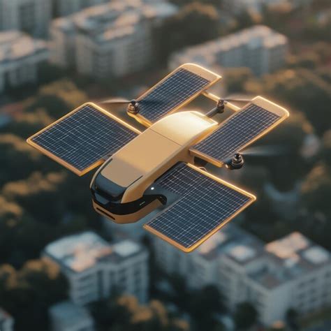 Solarpowered Drone Flying Over An Urban Cityscape Premium Ai