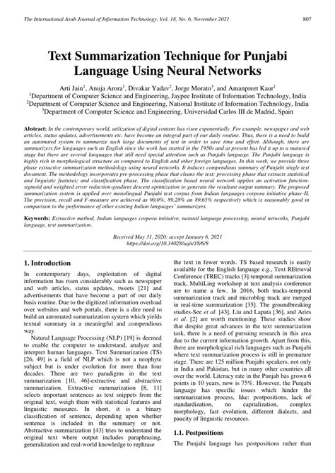 PDF Text Summarization Technique For Punjabi Language Using Neural Networks