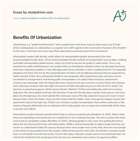 Benefits Of Urbanization Free Essay Example
