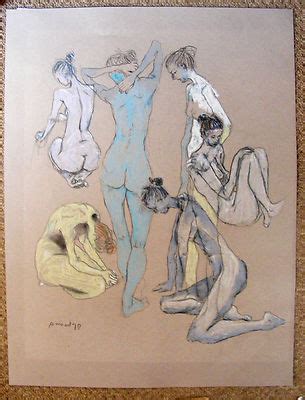 Nude Female Multiple Pose Life Class Ink Wash Large Drawing Original Art