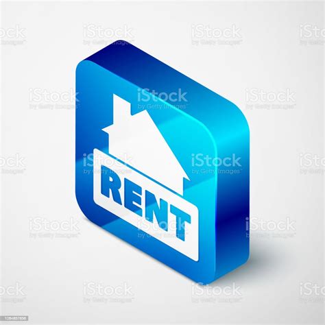 회색 배경에 격리 된 텍스트 대여 아이콘이있는 등색 매달려 기호 임대용 텍스트가 있는 간판 파란색 정사각형 버튼 벡터 3차원