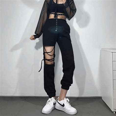 초특가당일출고11할인당일출고1x 언발트임 조거p 하이웨스트 일자핏 밴딩 고무줄 절개 스트랩 크로스 트레이닝 바지 스트릿 클럽 아이돌방송댄스 댄서공연무대단체의상