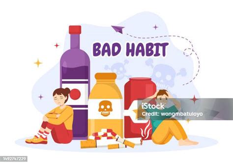 플랫 만화 손으로 그린 랜딩 페이지 템플릿에서 패스트 푸드 또는 알코올 병을 먹는 것과 같은 건강에 해로운 생활 방식을 가진 나쁜 습관 벡터 일러스트레이션 Drug에 대한