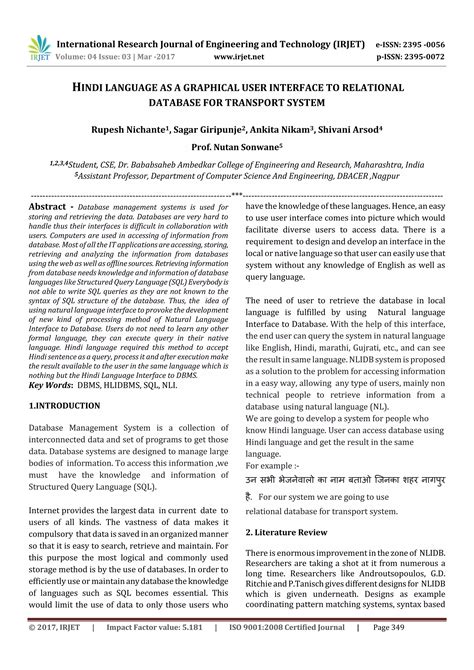 Hindi Language As A Graphical User Interface To Relational Database For Transport System Pdf