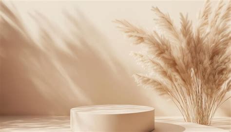 3d Rendering Of A Beige Round Podium With A Large Branch Of Pompous