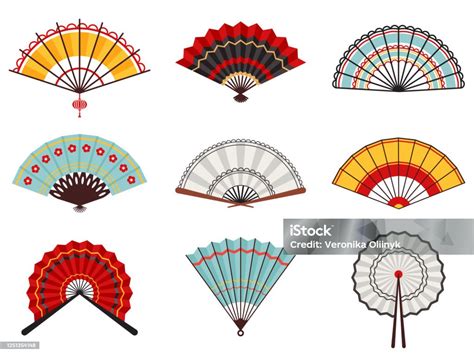 아시아 손 팬 종이 접이식 손 팬 중국어 일본 장식 전통 동양 나무 팬 벡터 일러스트 아이콘 세트 선풍기 개인 장식품에 대한 스톡 벡터 아트 및 기타 이미지 Istock