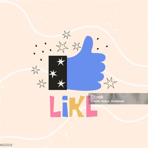 엄지 손가락 최대 손 기호 성공 같은 텍스트와 함께 제스처를 추천합니다 스티커 티셔츠 프린트 포스터를 위한 다채로운 벡터 플랫 일러스트레이션 동의에 대한 스톡 벡터 아트 및