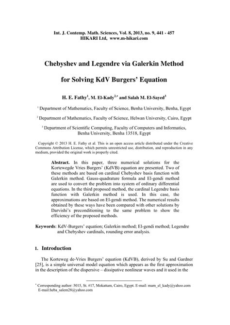 Pdf Chebyshev And Legendre Via Galerkin Method For Solving Kdv Burgers Equation