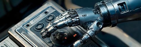 Robot Hand Pressing A Button In A Technological Setting Premium Ai