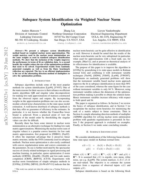 Pdf Subspace System Identification Via Weighted Nuclear Norm Optimization