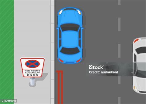 안전 운전 요령 및 교통 법규 빨간 노선 통행로 종료 표지판 지역 이중 빨간색 선 뒤에 주차된 자동차의 평면도 벡터 일러스트 레이 션 템플릿입니다 가장자리에 대한 스톡 벡터