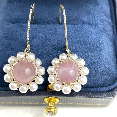 Real Gold Plated Pink Cats Eye Stone And Pearl Earrings Sweet And