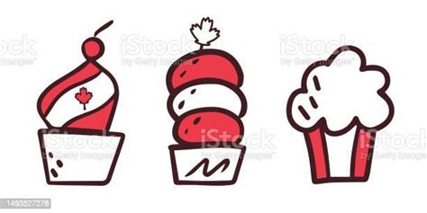 캐나다의 날을 위한 맛있는 컵케이크 세트 상징으로 단풍잎 7월 1일 상징주의는 빨간색과 흰색입니다 낙서 그림입니다 엽서 배너 포스터 또는 디자인 벡터 7월에 대한 스톡 벡터