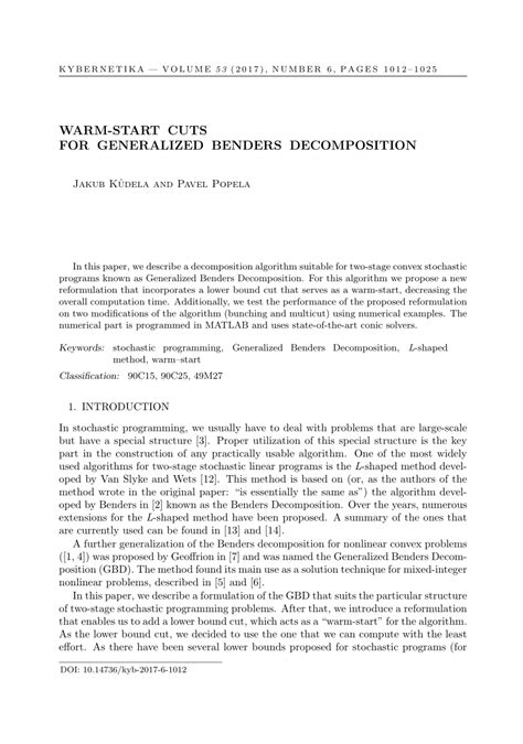 Pdf Warm Start Cuts For Generalized Benders Decomposition