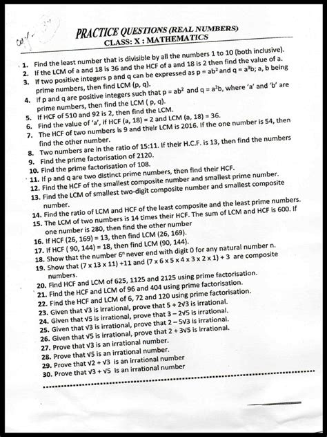 Class 10 Maths Real Numbers Worksheet Pdf