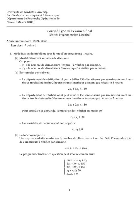 Pdf Exercice Et Corrigé Des Exercices De Programmation Linéaire