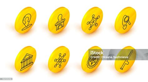 세트 라인 경찰 고무 지휘봉 배지 헥사그램 보안관 법원 건물 발자국이돋움 유리 무대 스탠드 또는 토론 연단 Rostrum 및 사람 아이콘의 지도 마커 실루엣 벡터 3차원