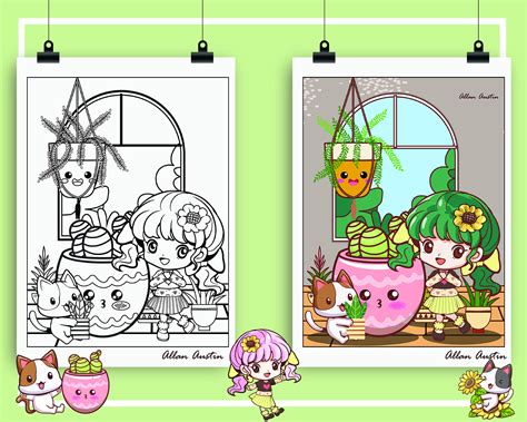 Kawaii Coloring Book Chibi Girl Cat And Plants In Both Pdf Etsy